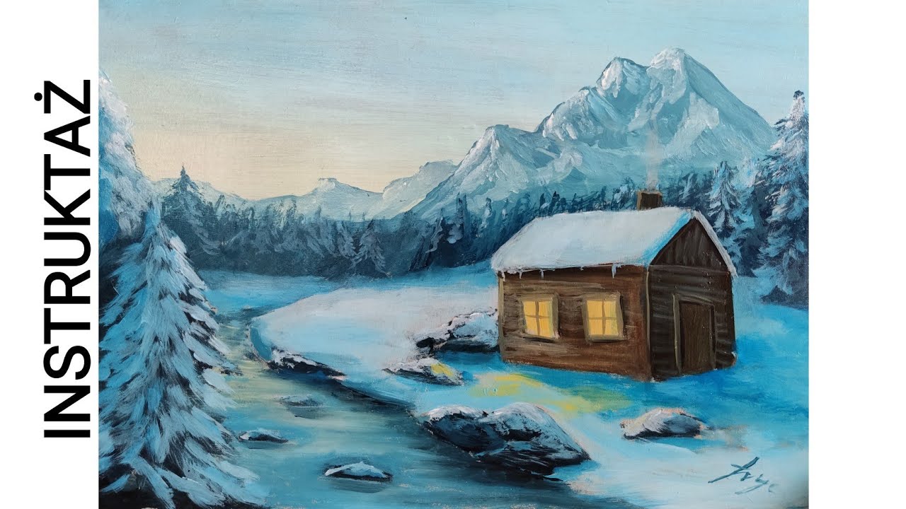Pejzaż zimowy z domkiem ️🏔️ - jak namalować pejzaż zimowy farbami ...