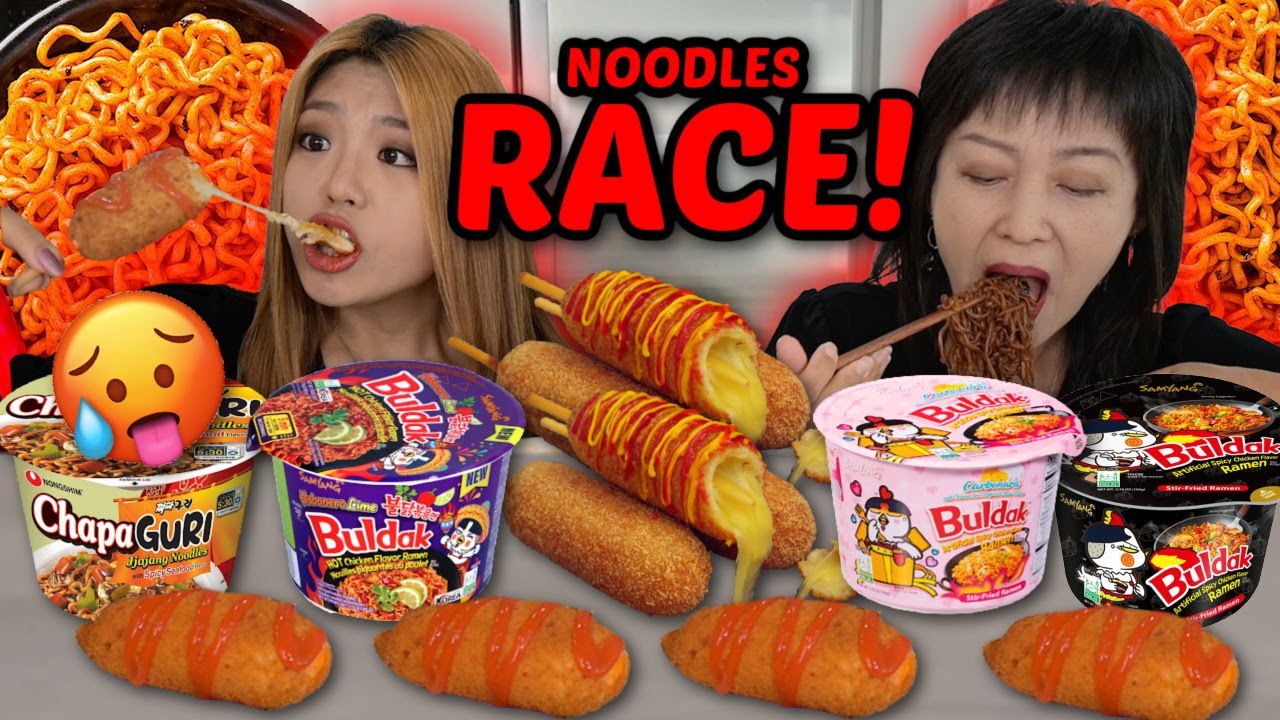SPICY RAMEN NOODLES & CHEESY CORN DOG RACE EATING COMPETITION + WEEK ...