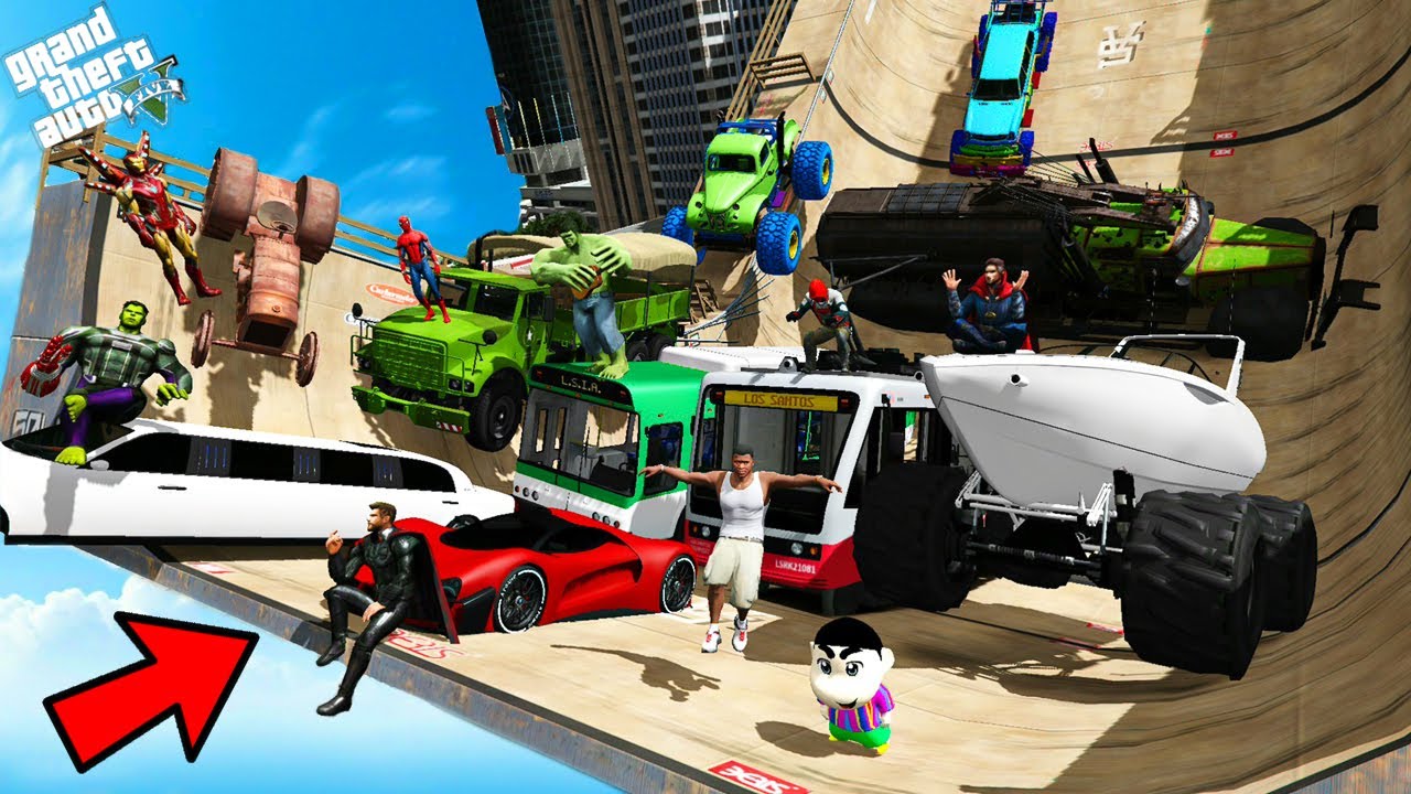 GTA 5 : Shinchan & Avengers Army VS Ultimate Mega Ramp Jump Challenge ...