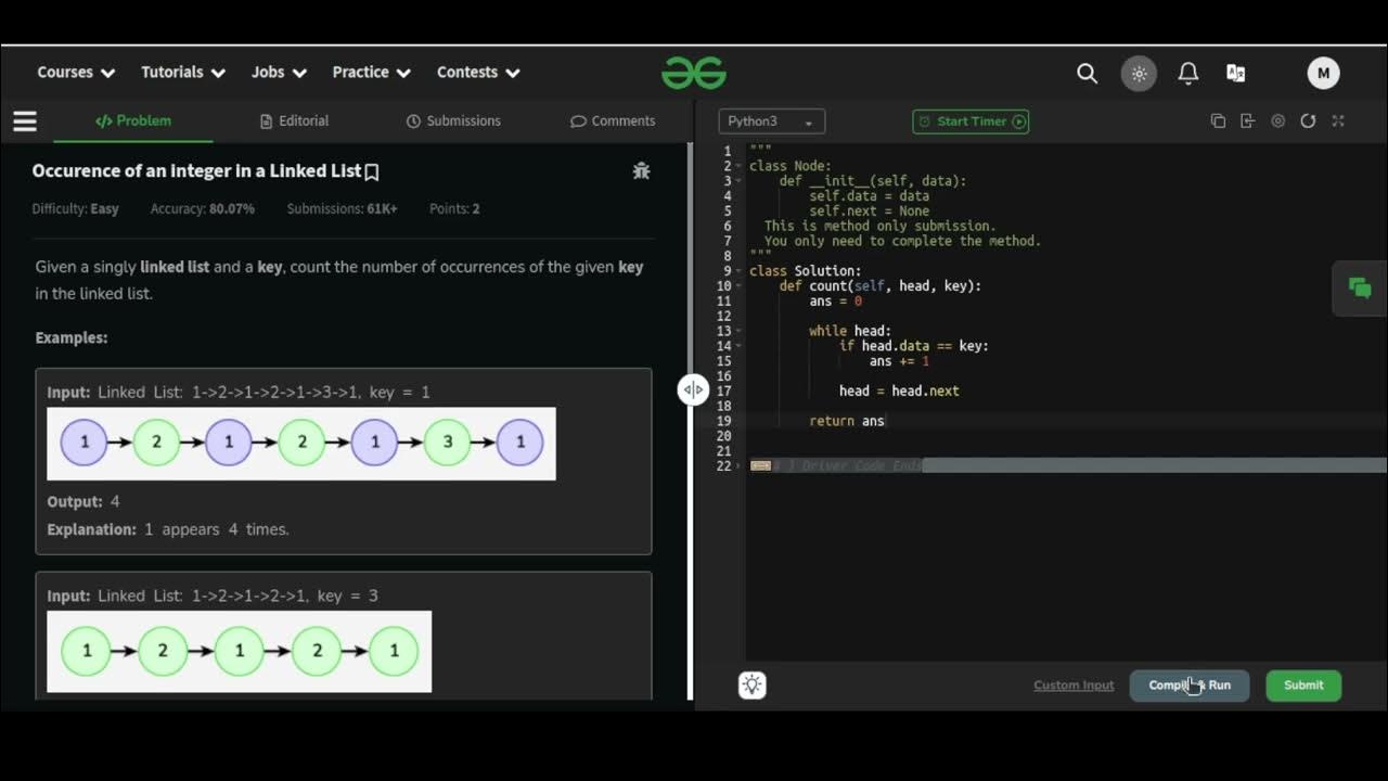 Occurence of an integer in a Linked List | GeeksForGeeks | Problem of the Day - YouTube