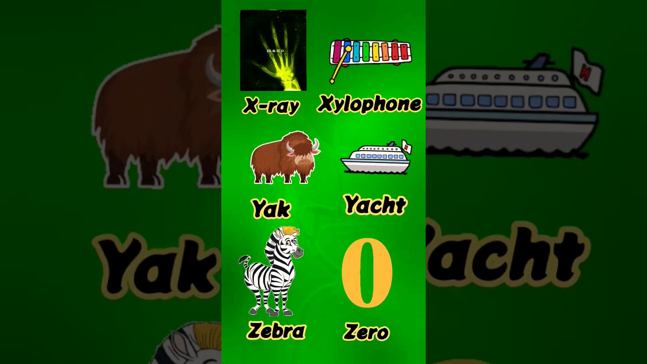 X for x-ray, xylophone, Y for yak, yacht, Z for zebra, zero # ...