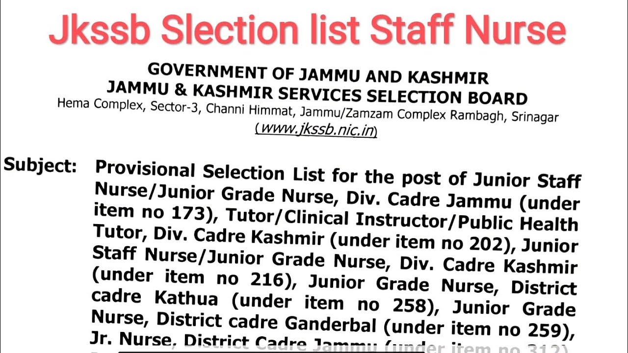 Jkssb slection list of staff Nurse || Advt no 2 of 2021 || Result ...