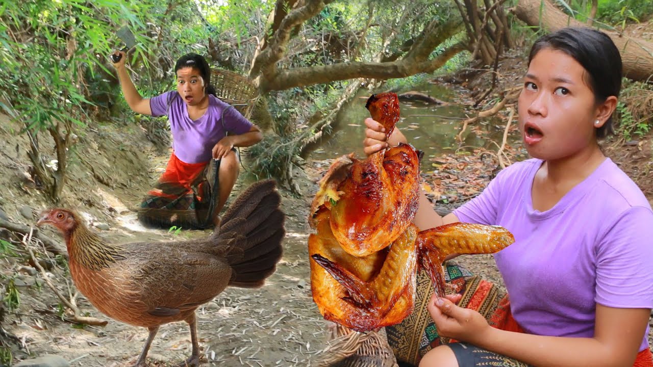 beautiful girl Catching chicken at river - Grilled chicken eating ...