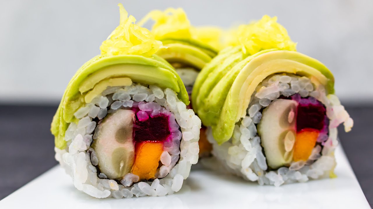 Avocado Cucumber Beet Mango Sushi Roll Recipe - YouTube