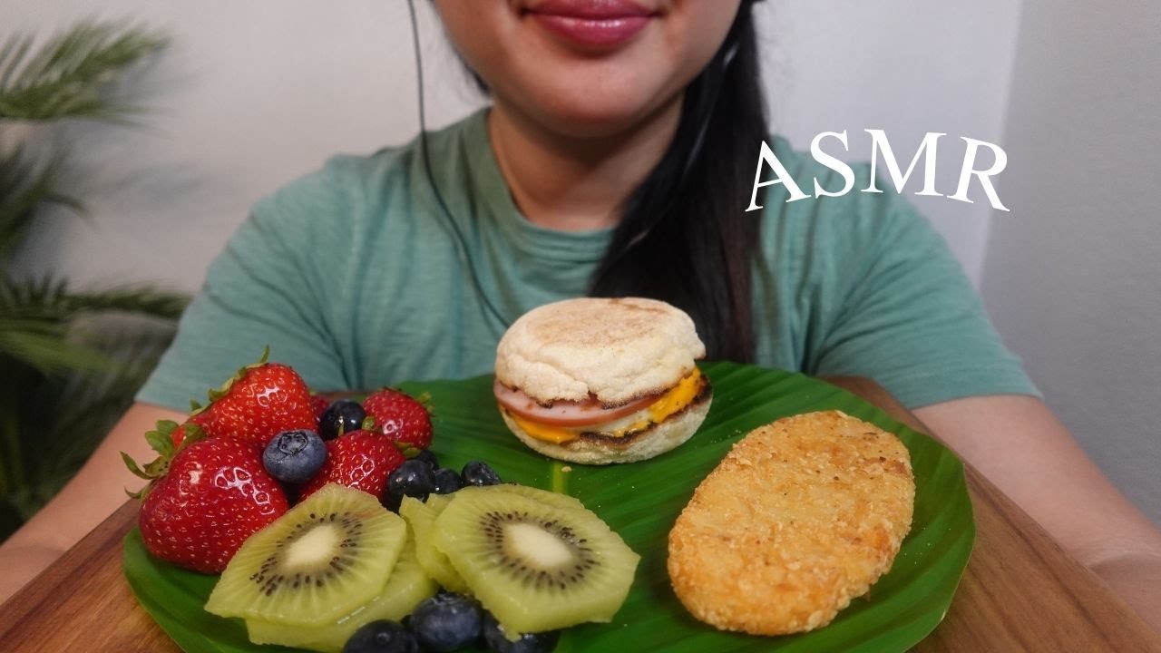 ASMR McDonald's breakfast sandwich with fruits and hash brown *eating ...
