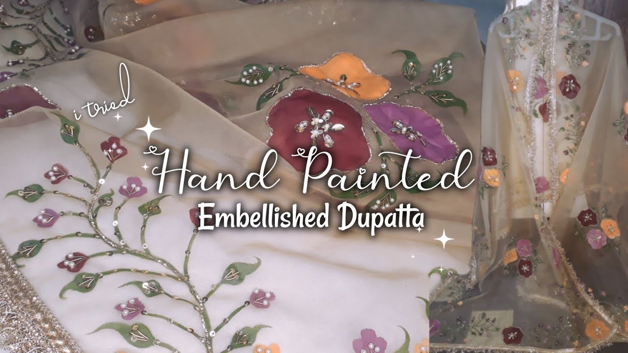 Hand painted embellished dupatta | fabric painting on organza dupatta ...