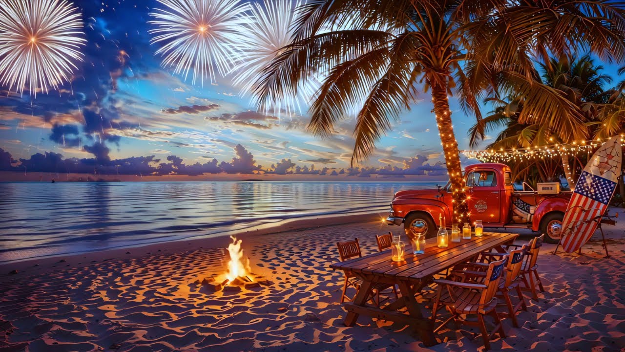 🇺🇸 4th of July Beach Ambience: Fireworks, Bonfire & Ocean Waves with ...
