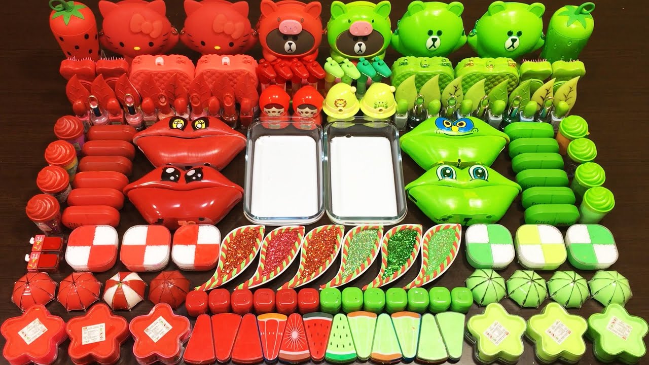 RED vs GREEN ! Mixing Random Things into GLOSSY Slime ! Satisfying ...