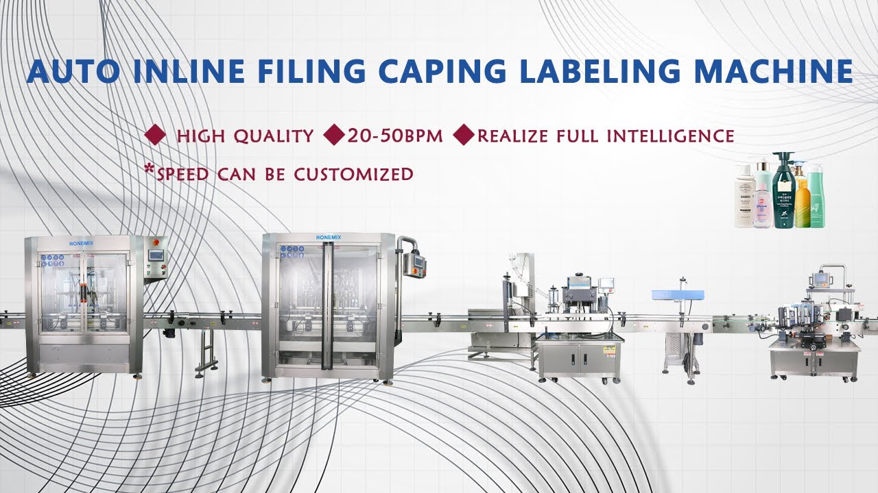 HoneMix Automatic Inline Filling Line, Servo Piston Filling Capping Labeling Machine - YouTube
