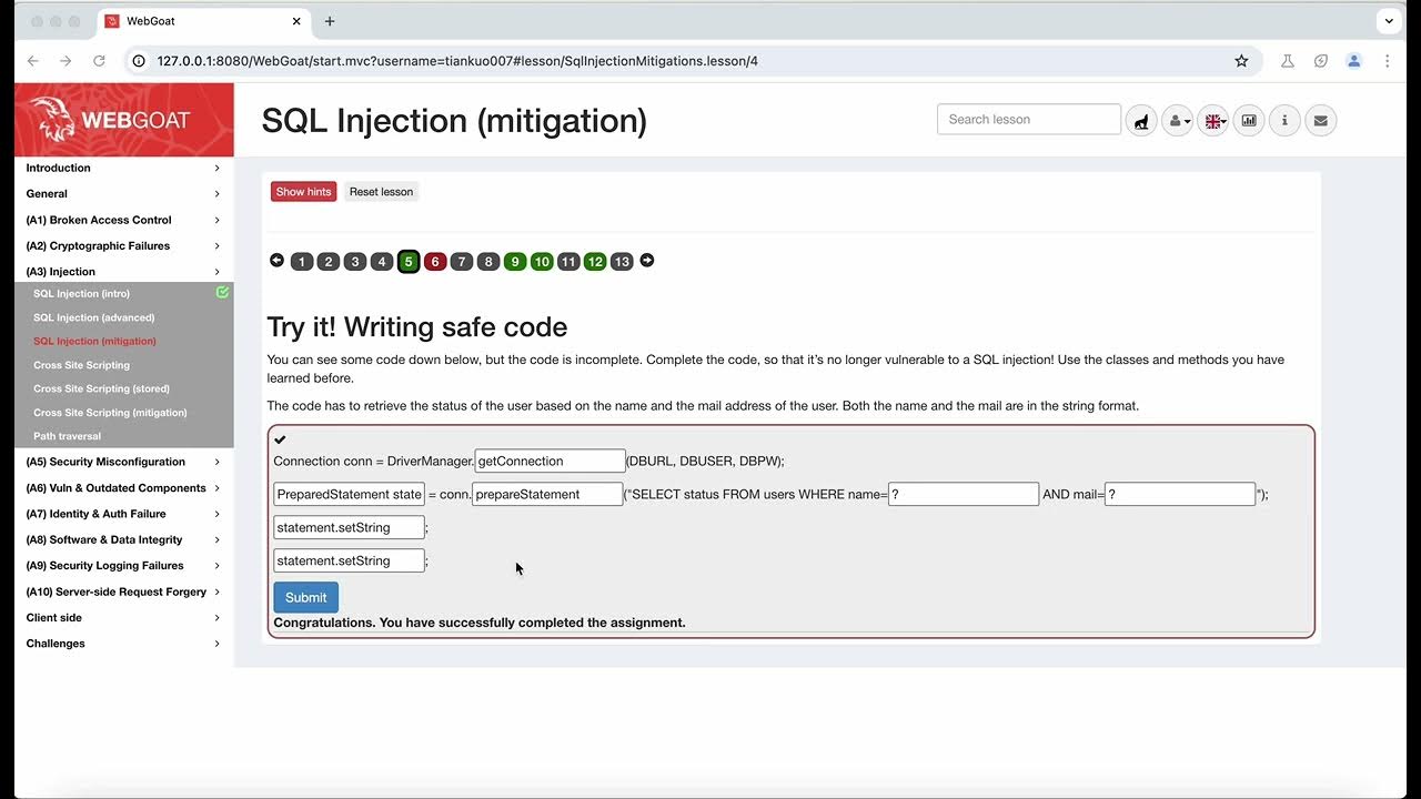 WebGoat - A3 SQL Injection (mitigation) - YouTube