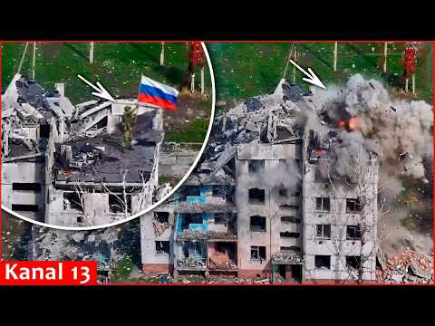 Russian forced fail to raise their flag on a building -Ukrainian kamikaze drones obliterate invaders