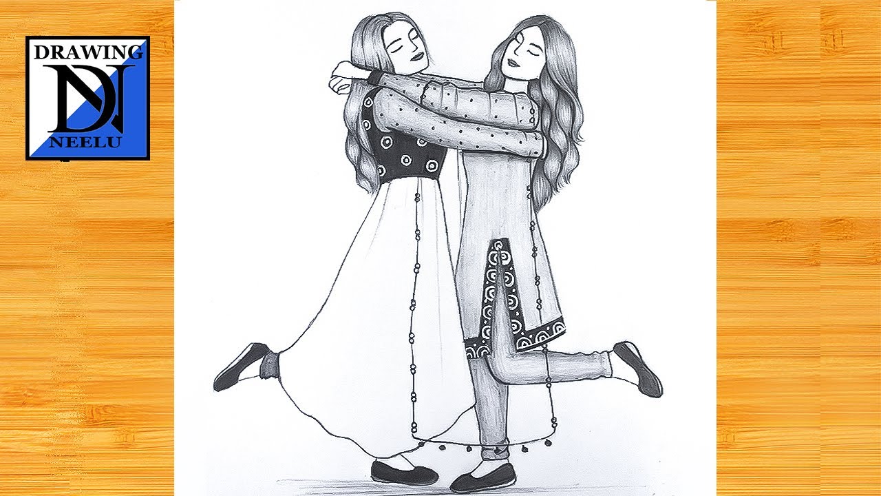 How to draw Two Friends Hugging - Friendship drawing || Pencil sketch ...