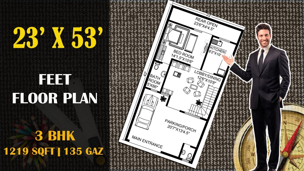 23' x 53' House Plan | 1219 Sqft | 135 Gaj | 3Bhk | 23 by 53 ka Naksha ...