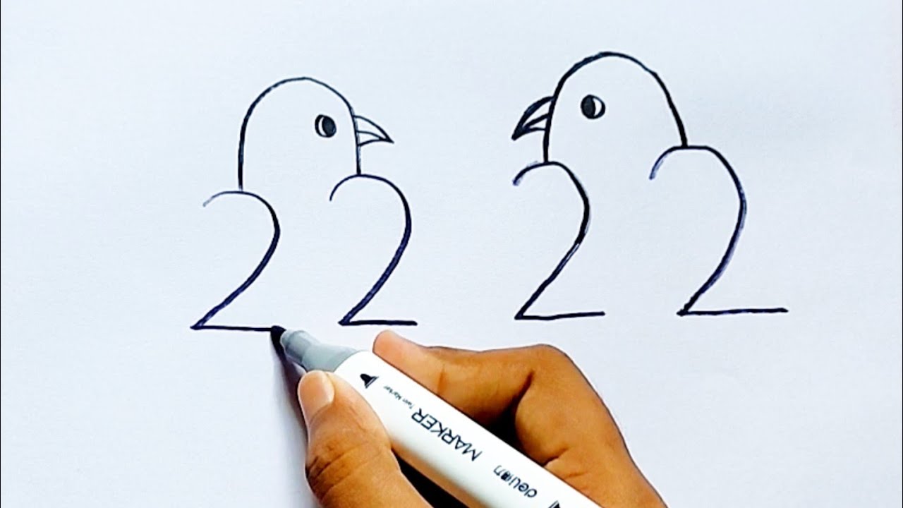 How to draw beautiful couple love birds with 2222 | Easy love birds ...