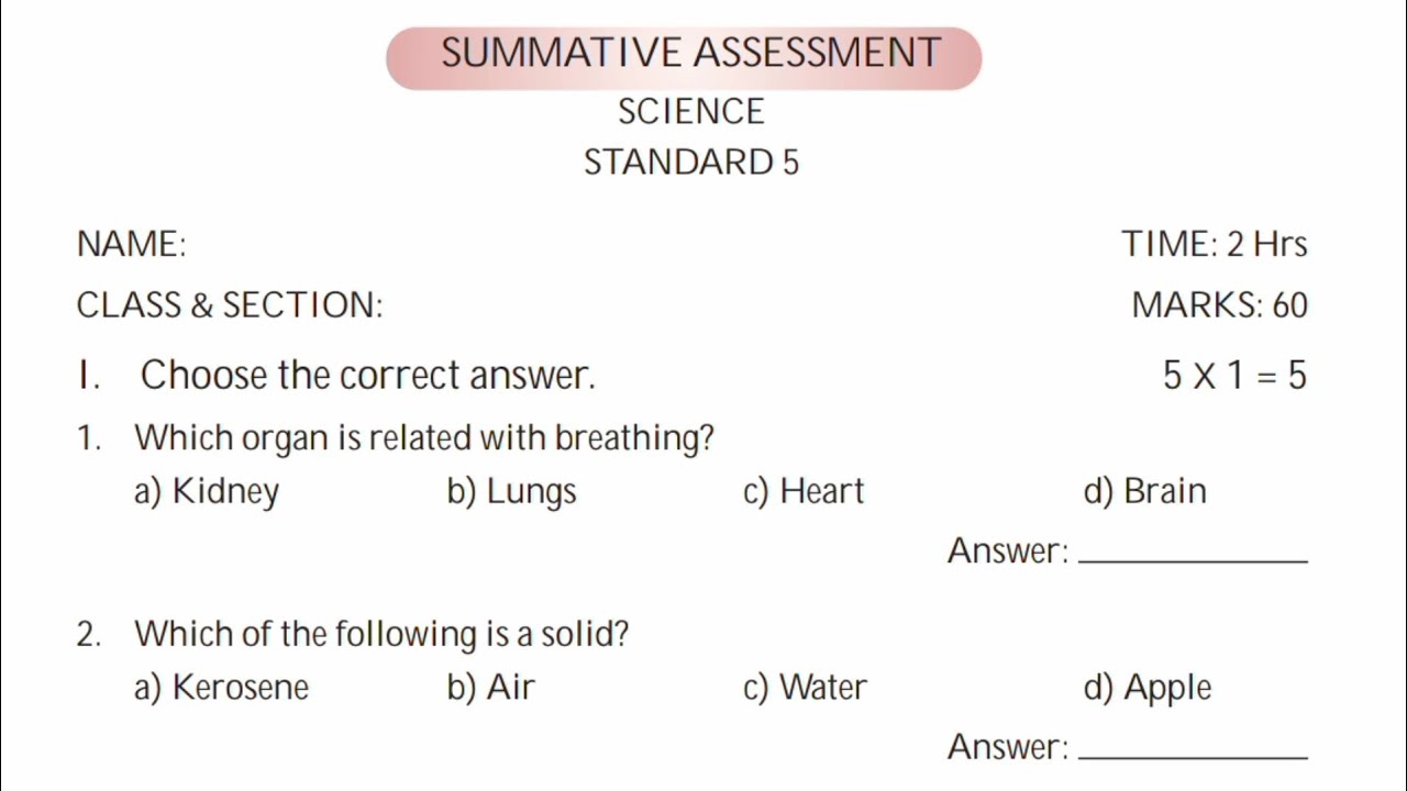 EE 5th standard science work book answers Summative assessment English ...