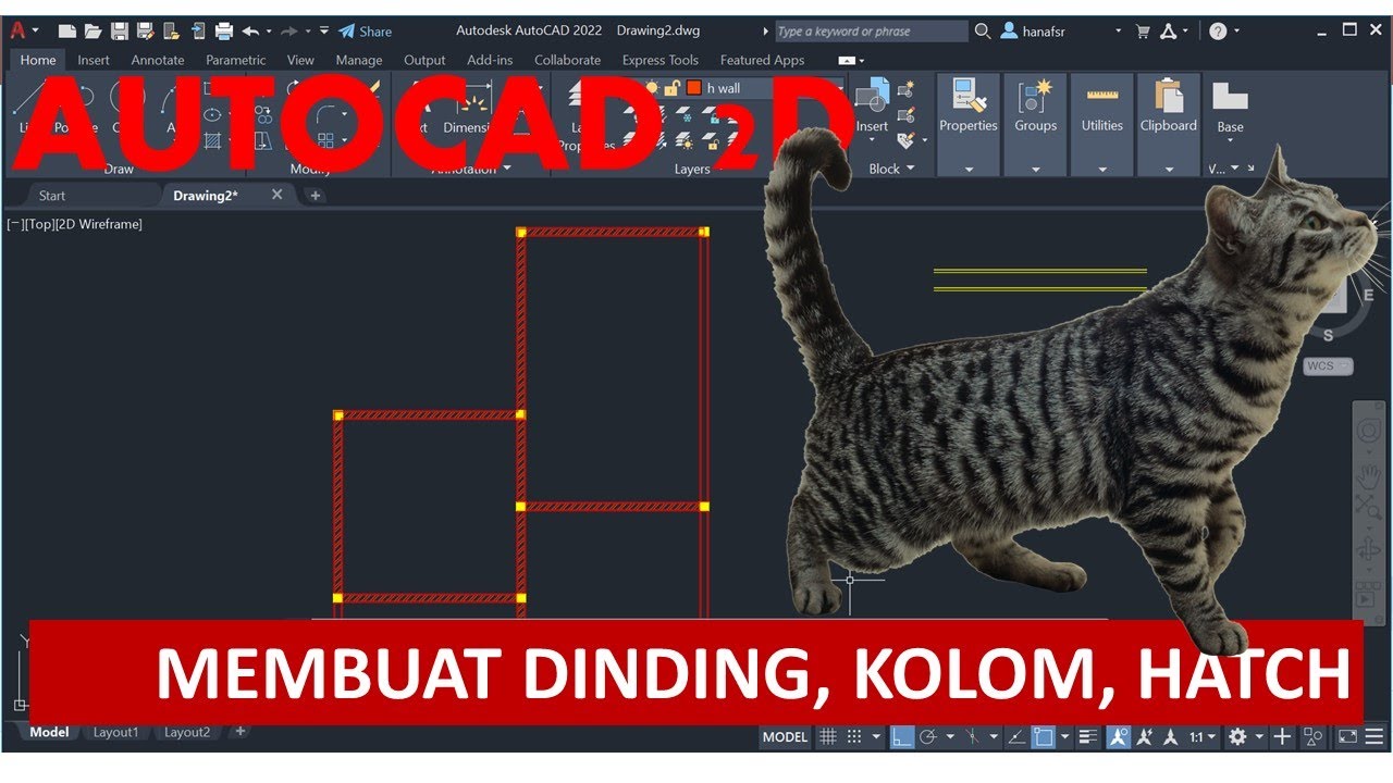 AutoCAD tutorial membuat as dinding kolom hatch - YouTube