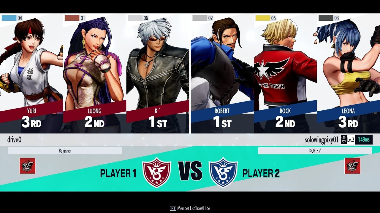 KOF XV lobby matches - drive0 (K', Luong, Yuri) VS SoloWingPixy (Robert ...