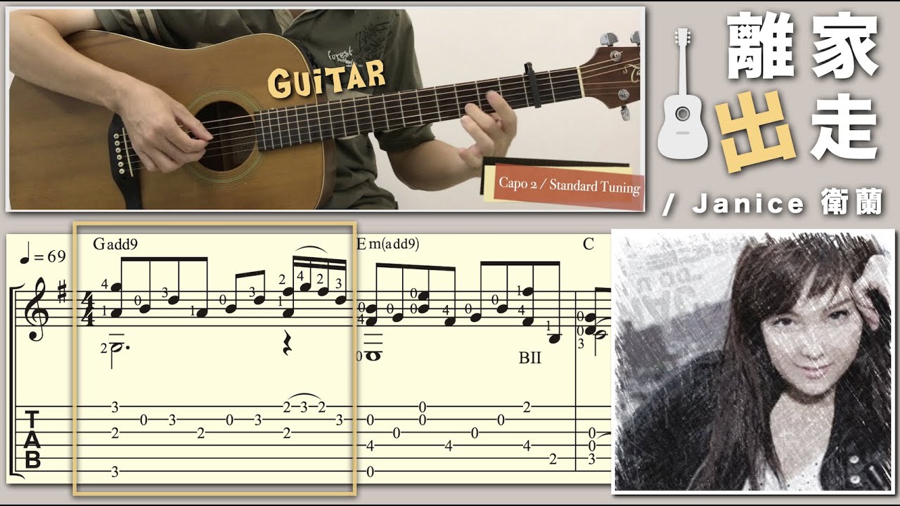 離家出走 / Janice 衛蘭 (Guitar) [Notation + TAB] - YouTube
