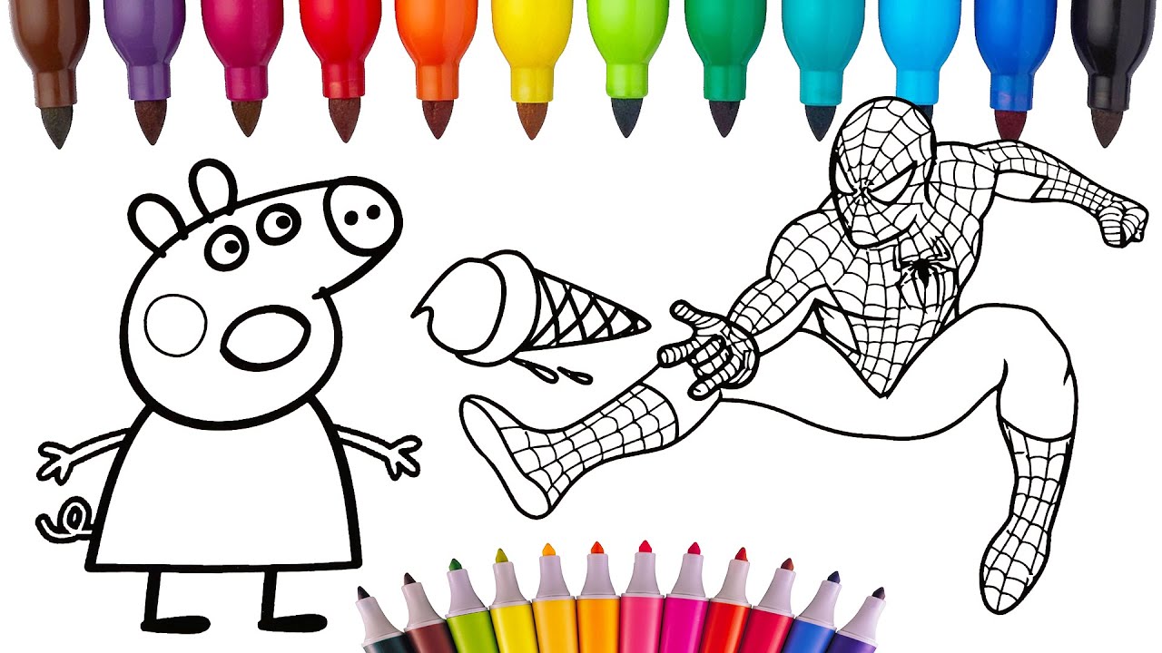 SpiderMan Feeding Ice Cream Peppa Pig Coloring For KIDS - YouTube
