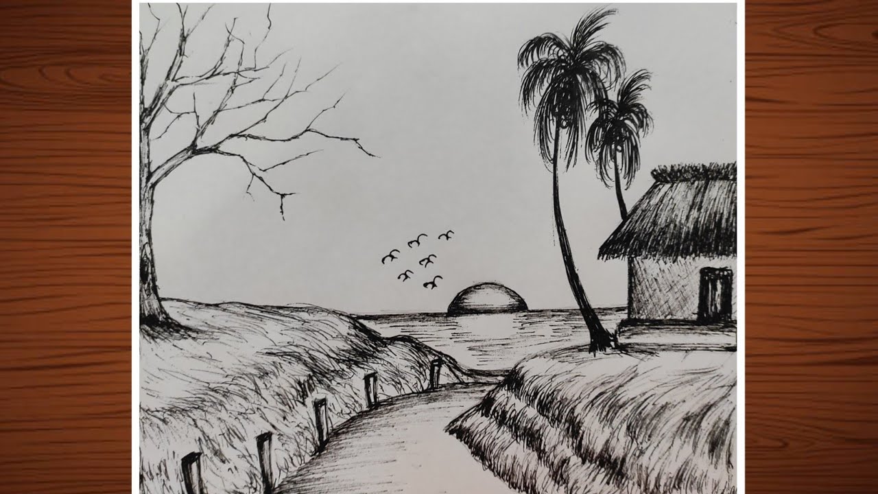 Landscape Drawing With Pen || How To Draw A Landscape With Pen and Ink ...