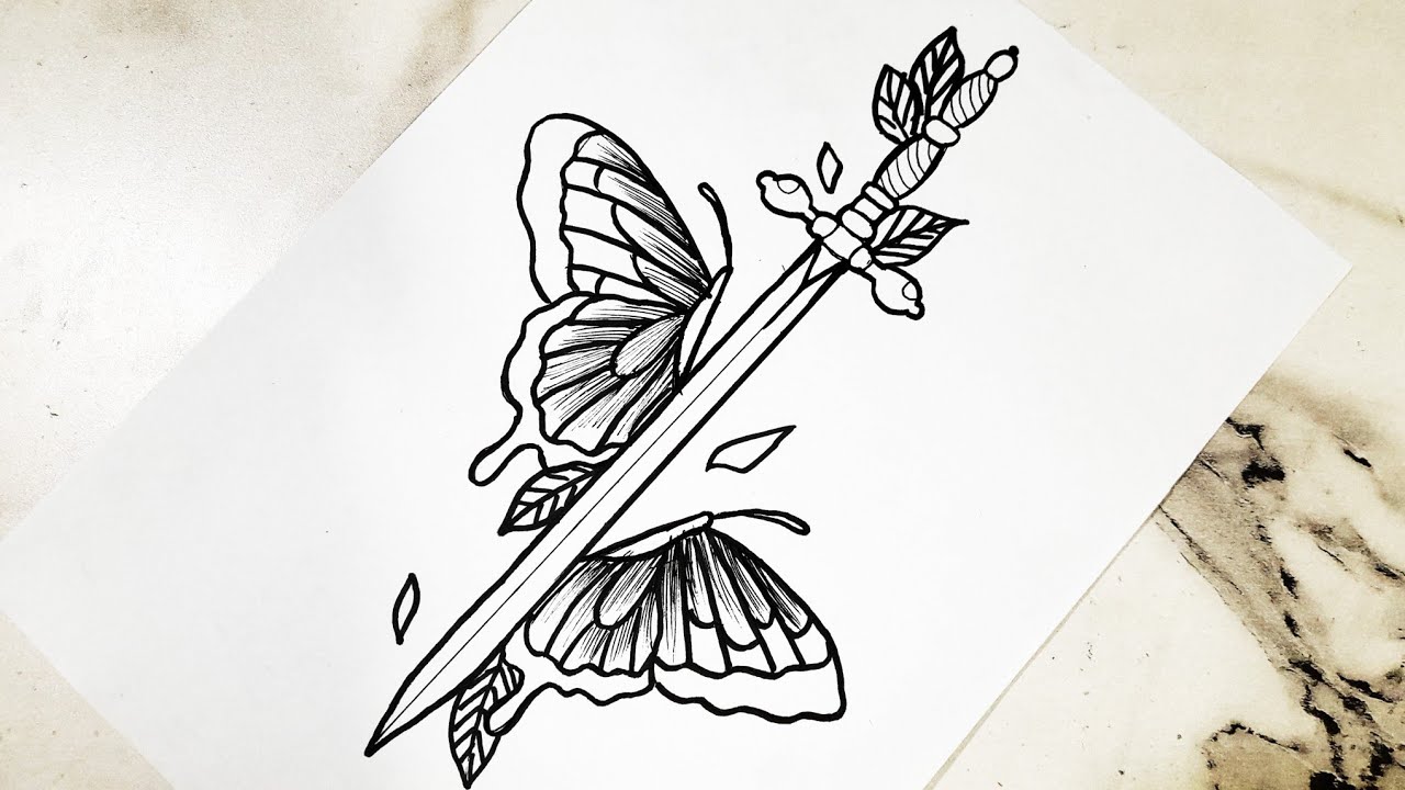 How to draw a sword with butterfly tattoo - YouTube