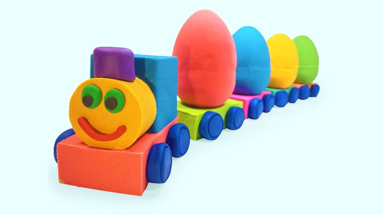 Learn Colors Kinetic Sand Play Doh Rainbow Cake Train For Kids - DIY ...