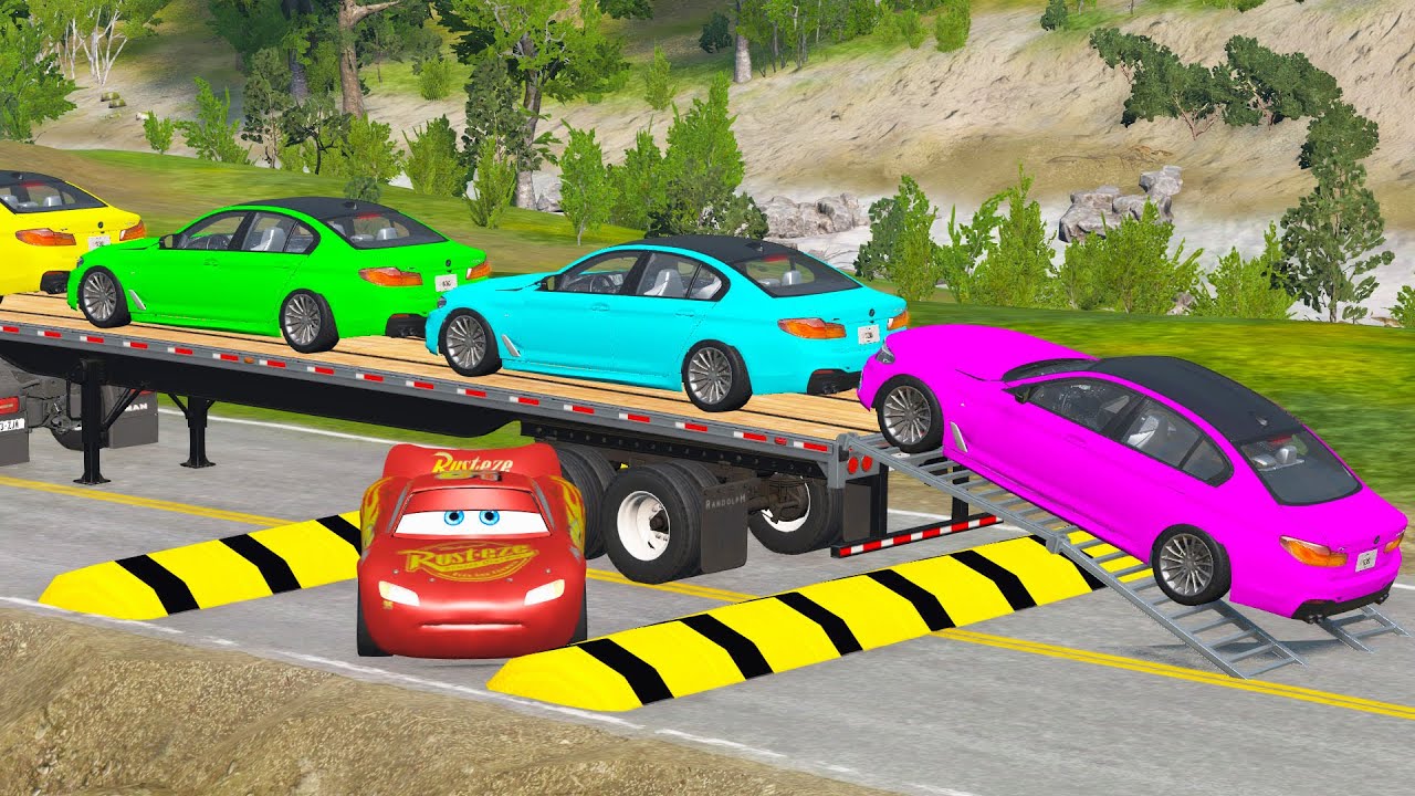 Flatbed Trailer Cars Transporatation with Truck - Pothole vs Car ...