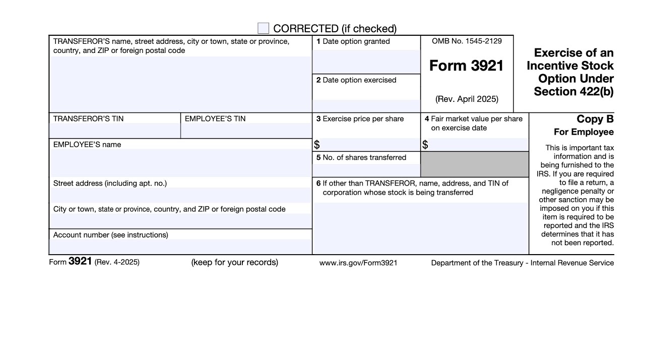 IRS Form 3921 walkthrough (Exercise of an Incentive Stock Option) - YouTube