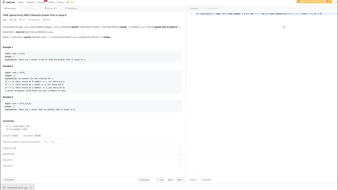 1608. Special Array With X Elements Greater Than or Equal X - JavaScript - 1 Line - YouTube