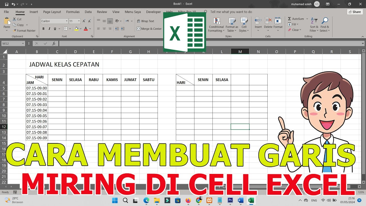 Cara membuat garis miring pada cell excel - YouTube