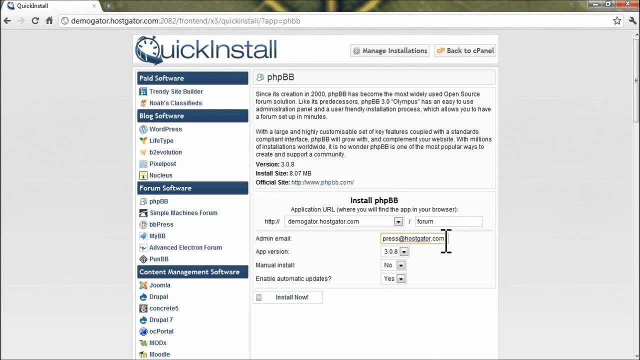 How to - phpBB Install through QuickInstall at HostGator.com - YouTube