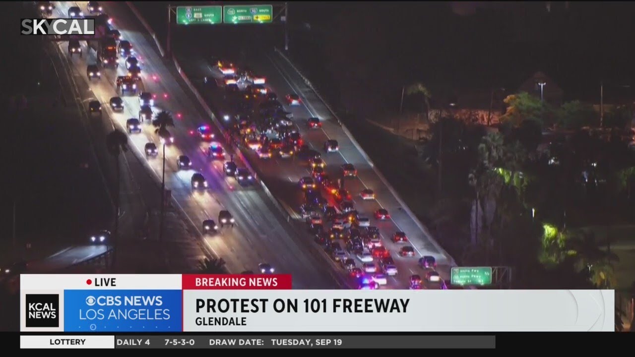 Protesters block part of 101 Freeway near Glendale Avenue - YouTube