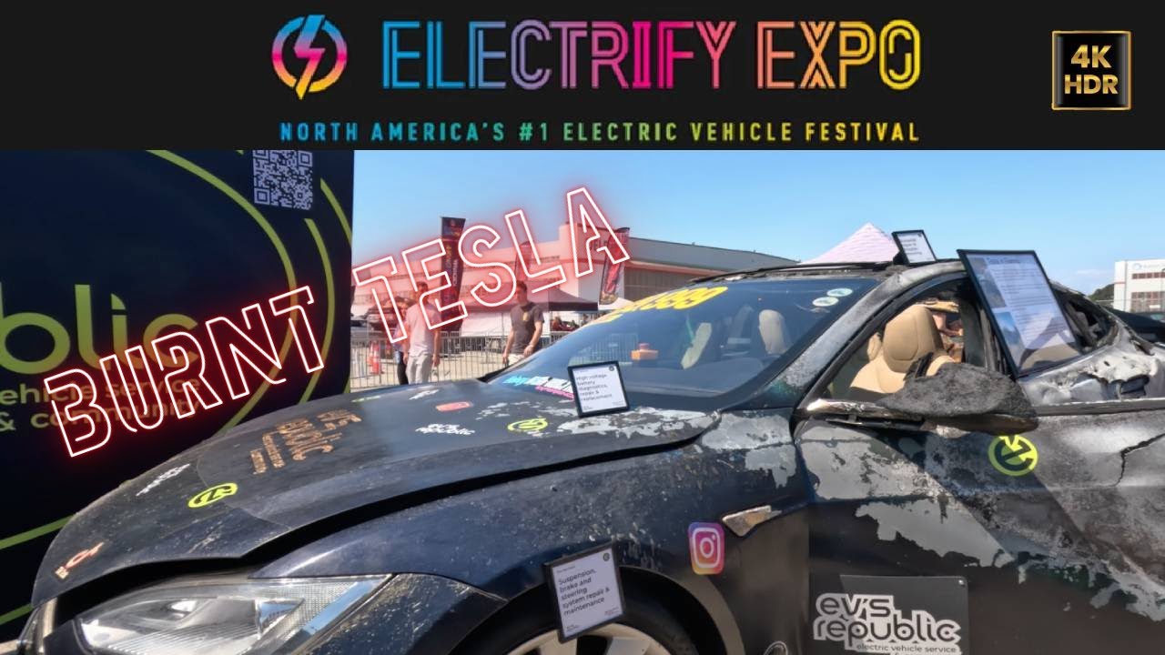 [4K] A burnt Tesla at Electrify Expo 2024 - YouTube