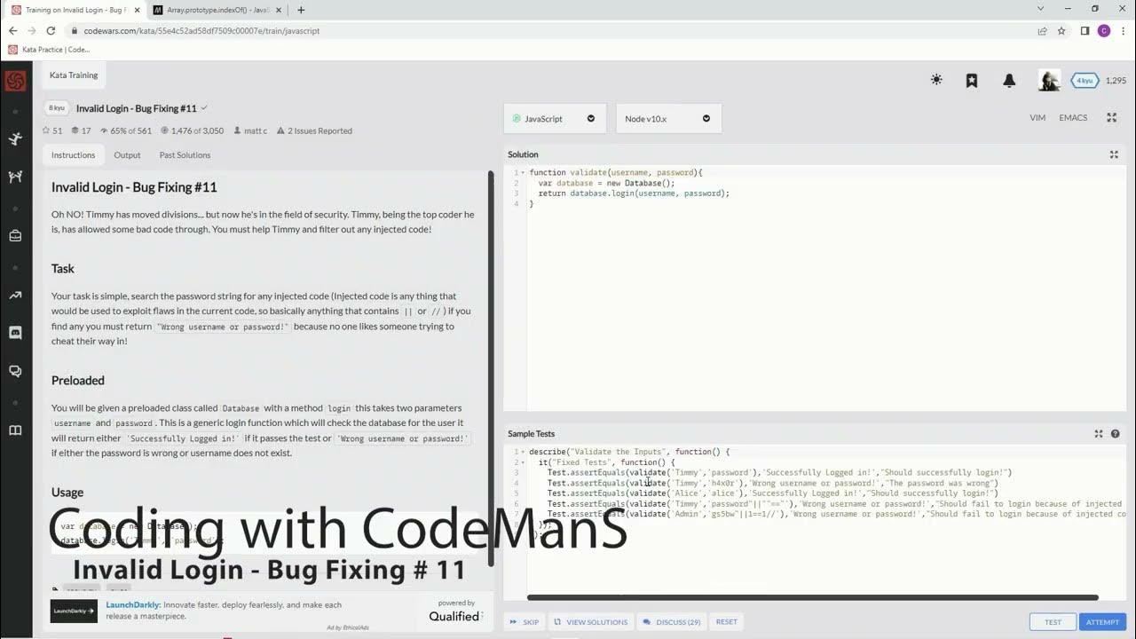 Codewars 8 kyu Invalid Login - Bug Fixing #11 Javascript - YouTube