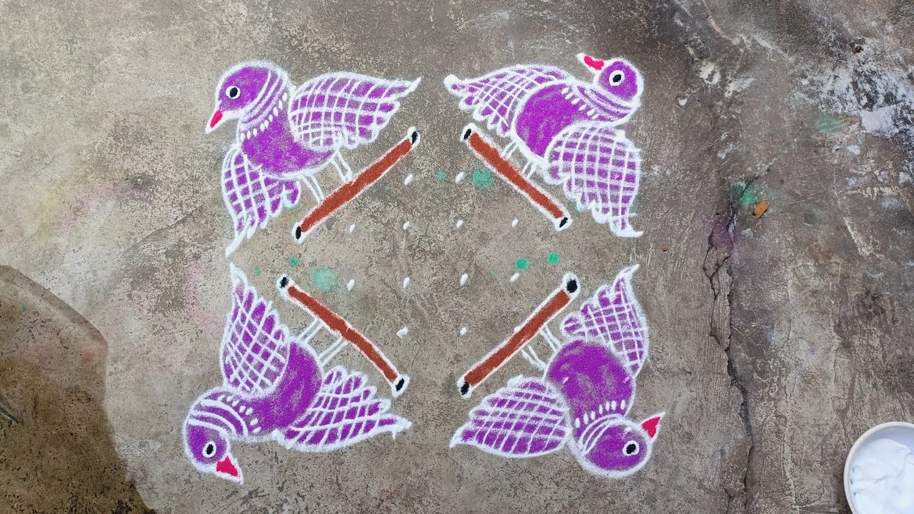 new bird rangoli design || easy dot bird rangoli || freehand rangoli ...