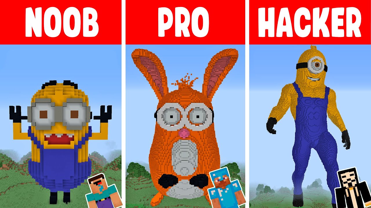 Minecraft MINIONS STATUE HOUSE BUILD CHALLENGE - NOOB vs PRO vs HACKER ...