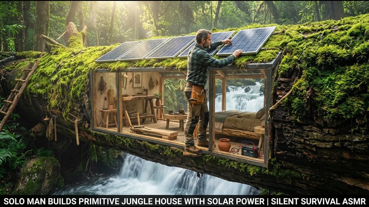 Solo Man Builds Primitive Jungle House with Solar Power | Silent ...