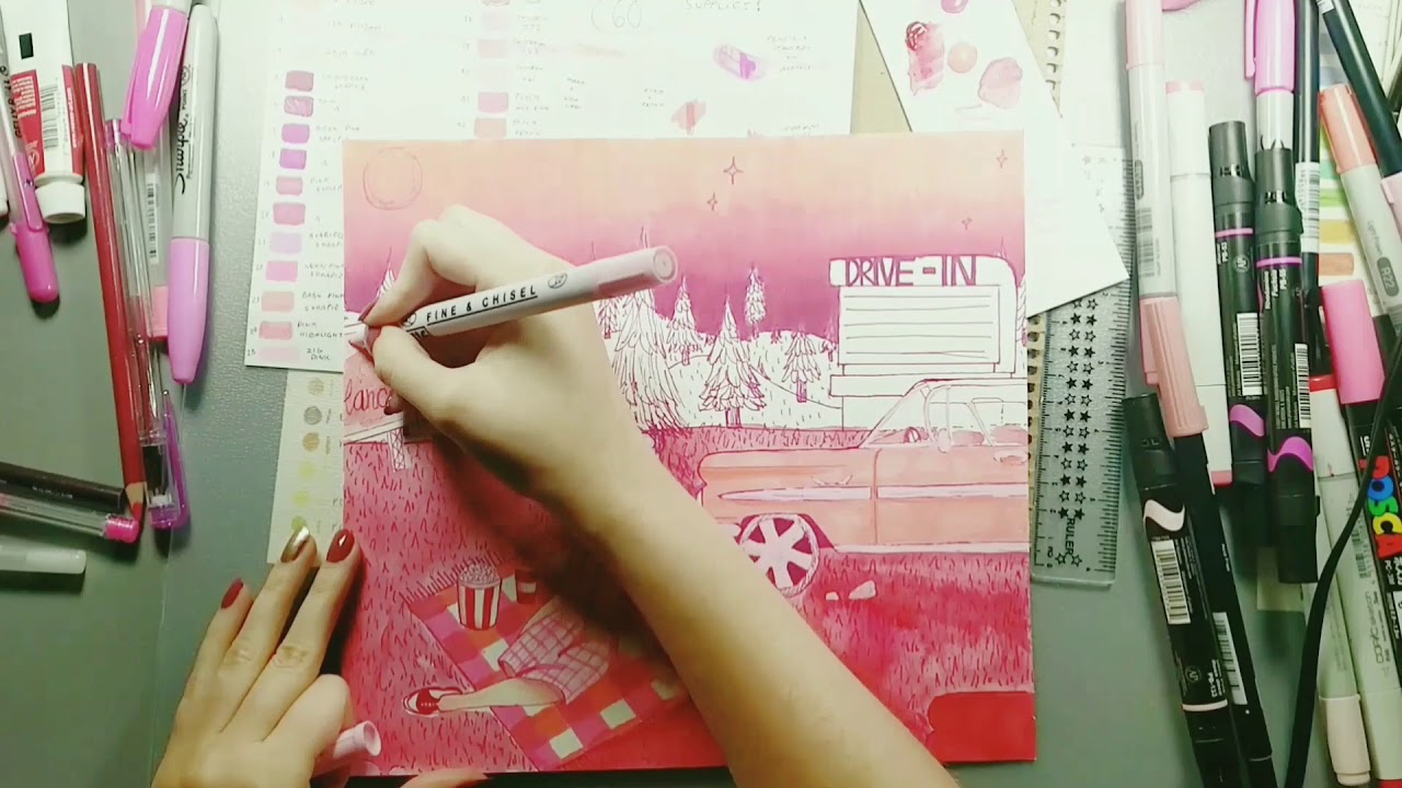 Using 60 Pink Art Supplies to make a Drawing! | RaineyDayDoodles - YouTube
