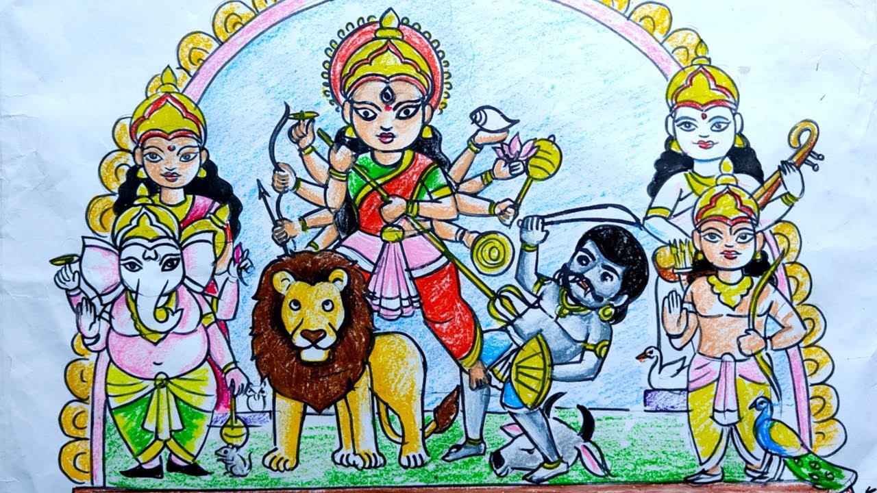 how to draw maa durga ful family drawing with oil pastel color,durga ...
