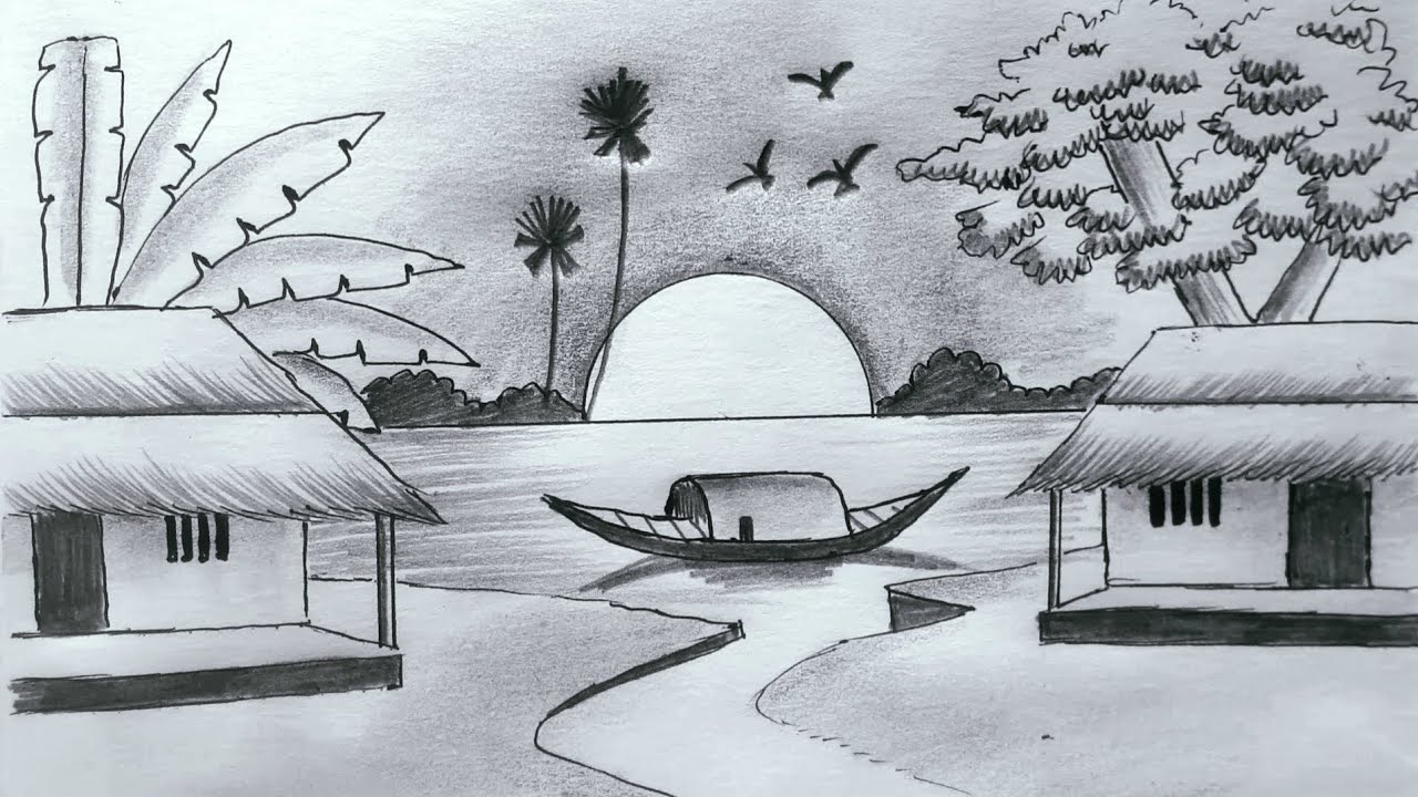 village drawing hard and beautiful ☺️☺️/village life scenery drawing ...