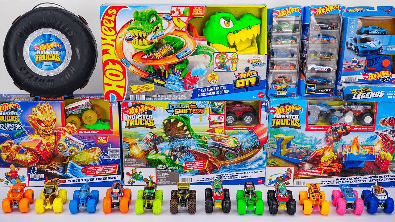 Monster Trucks and Cars Take on Blaze Tower and Swamp Chomp Sets | Hot ...