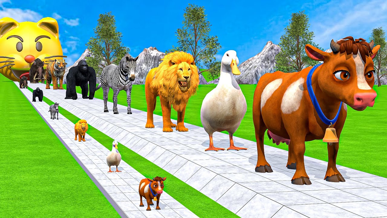 Long Slide Game With Cow Elephant Gorilla Hippopotamus Tiger - 3d ...