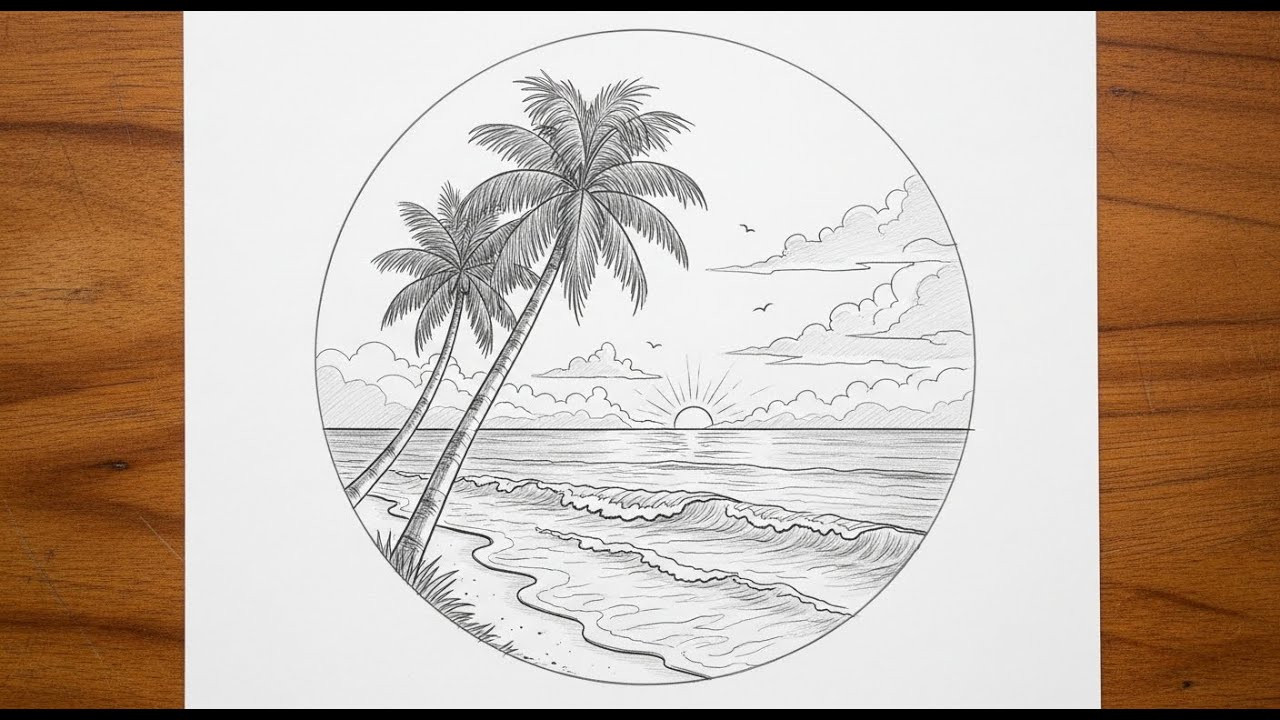 Circle Sunset Beach Pencil Sketch Tutorial | Easy Landscape Drawing ...