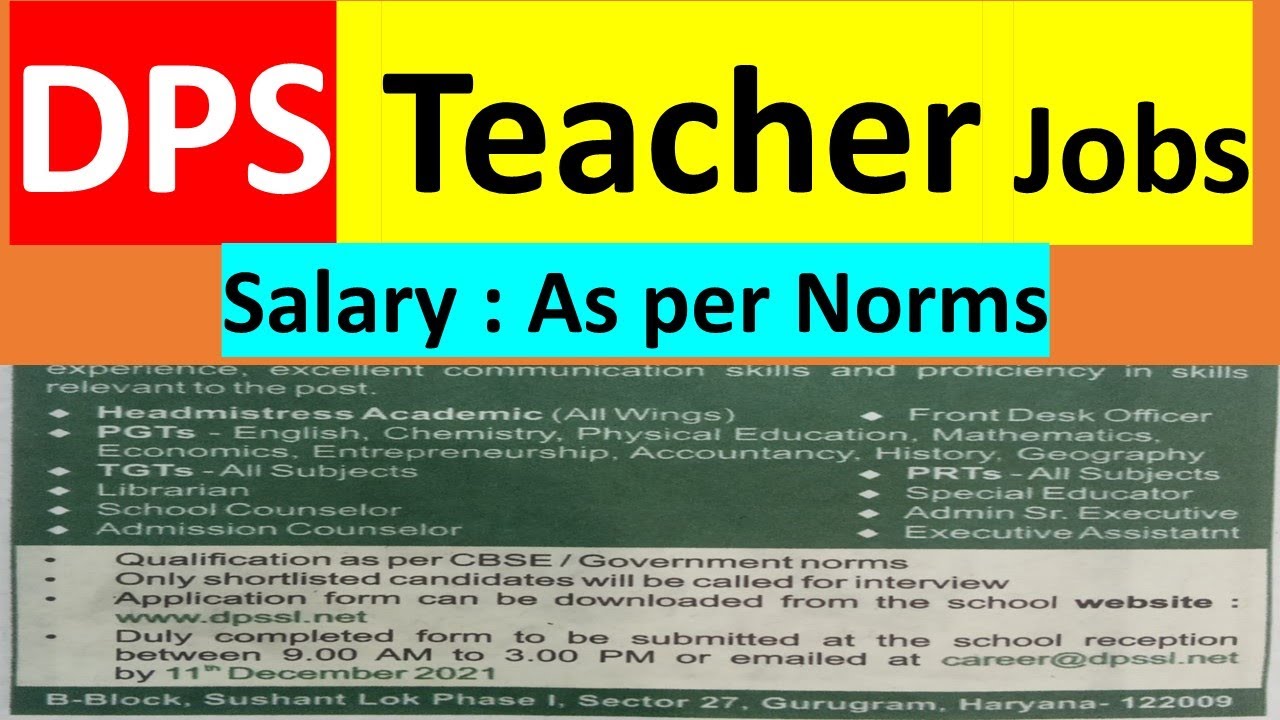 DPS (Delhi Public School) Teacher Jobs - PGTs|TGTs|PRTs - Salary: As ...