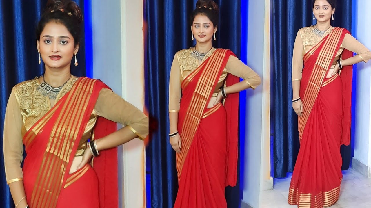 Plane Border Saree Draping Perfectly | New Trick For Beginners | Easy ...