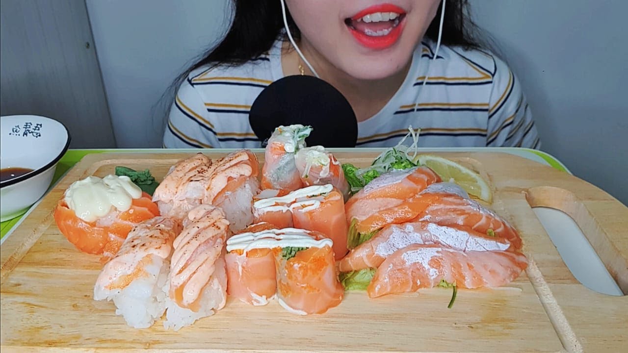 ASMR SALMON BELLY SASHIMI + SALMON WRAP + MENTAI SALMON AND PRAWN SUSHI ...
