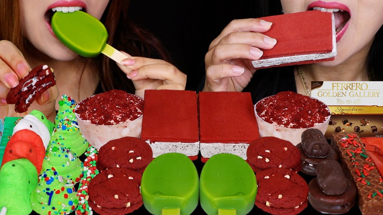 ASMR CHRISTMAS PARTY! RED VELVET ICE CREAM CAKE SANDWICH, COOKIES ...