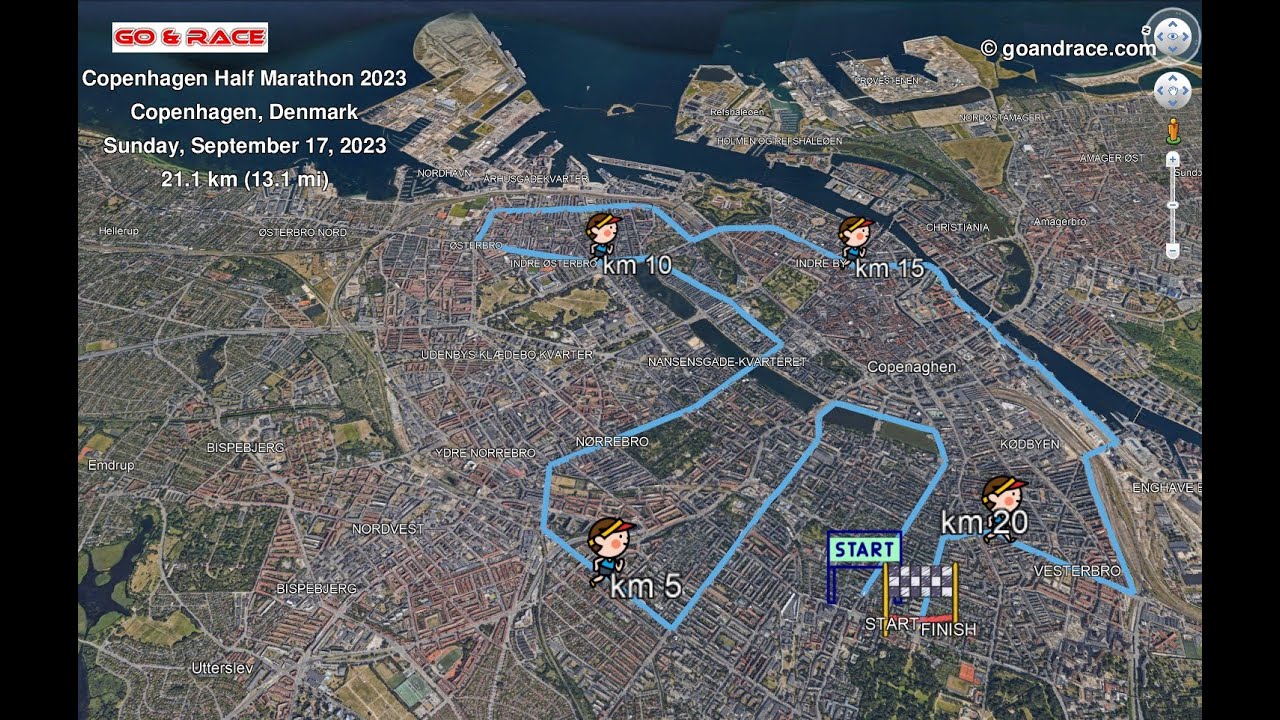 Copenhagen Half Marathon 2023: fly over the half-marathon 3D course map ...