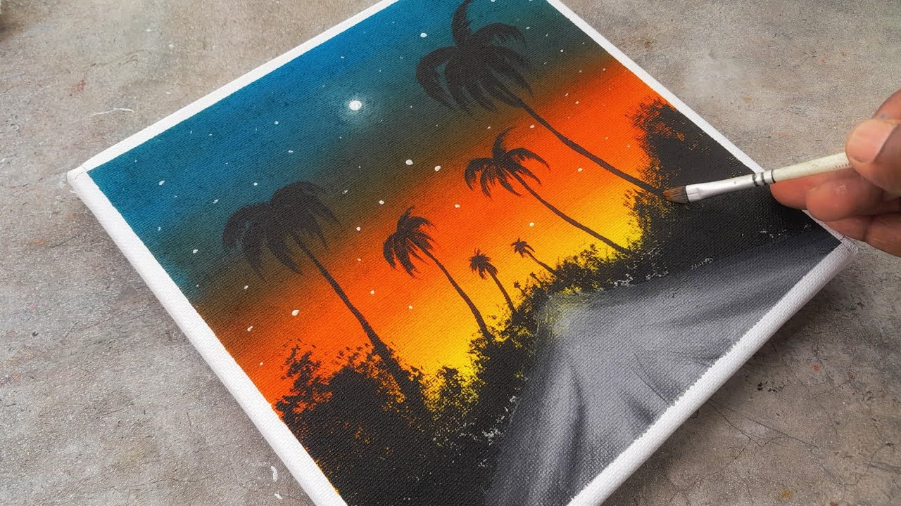 How to paint a coconut tree/simple for begginers/evening scenery/paint ...