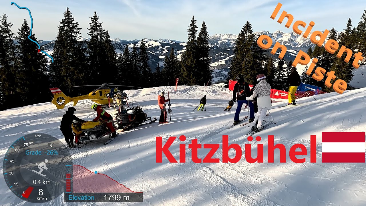 [4K] Skiing Kitzbühel KitzSki, Incident on Piste 27b Brunn-Kälberwald ...